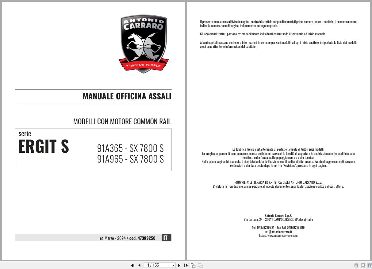 Antonio Carraro Tractor ERGIT S SX7800S Axles Workshop Manual 47309250 IT