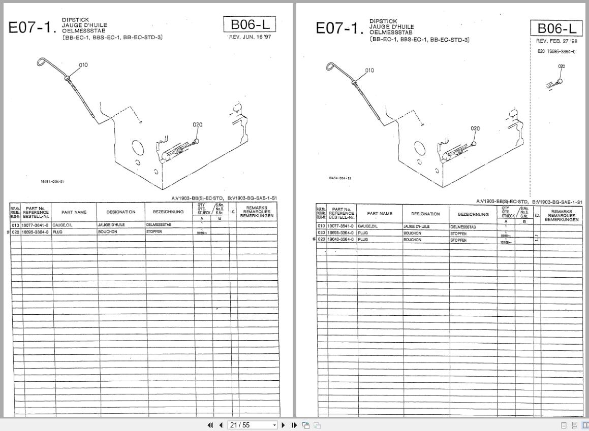 Kubota Diesel Engine V1903-BB Spare Parts List 97898-04120 2004 FR EN DE
