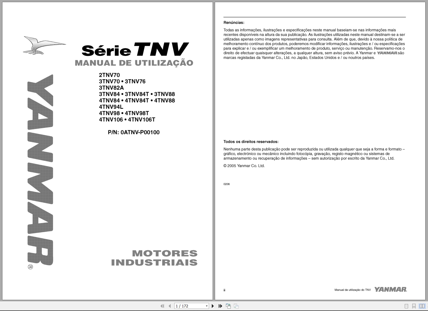 Yanmar Engine 2TNV70 To 4TNV106T Operations Instructions Manual 0ATNV ...