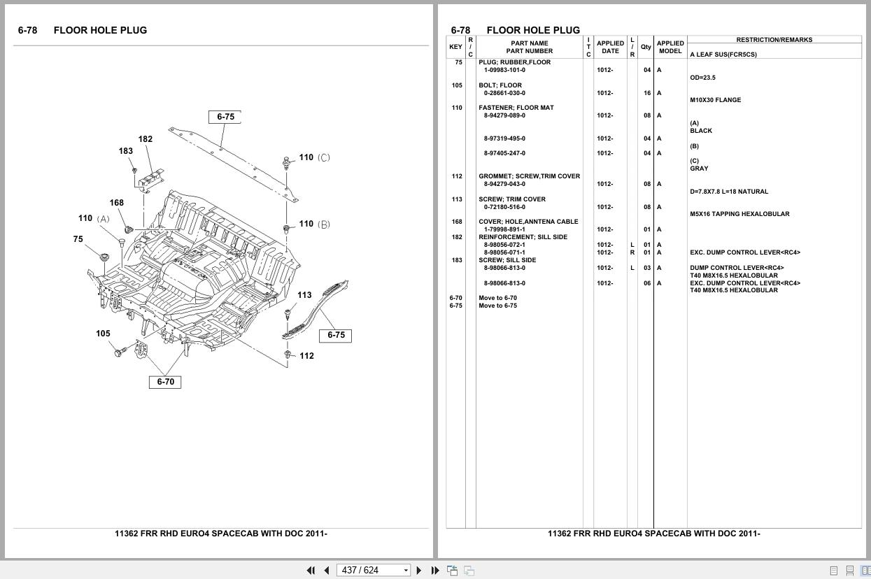 Isuzu Truck FRR RHD EURO4 SPACECAB with DOC 2011- Parts Catalog 11362