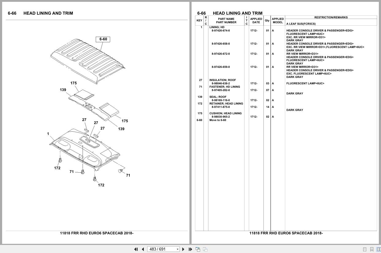 Isuzu Truck FRR RHD EURO6 SPACECAB 2018- Parts Catalog 11818