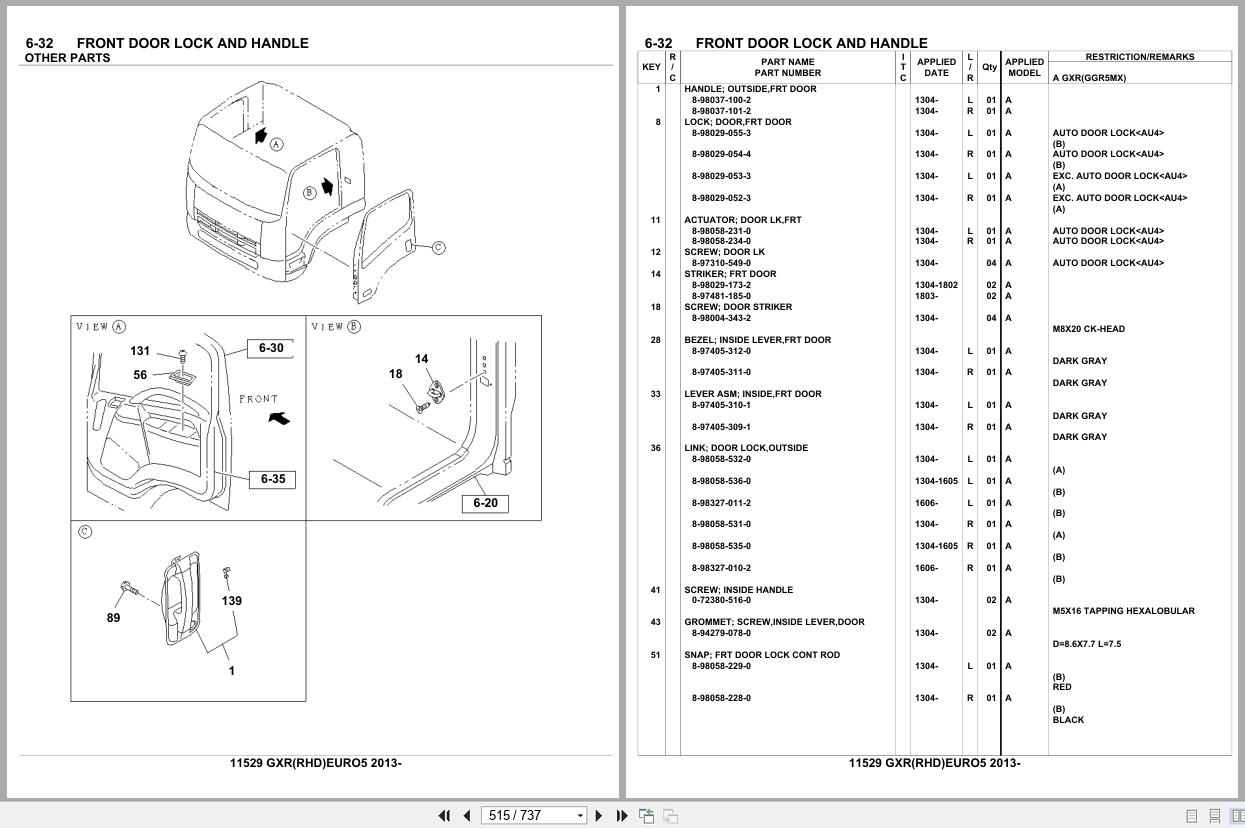 Isuzu Truck GXR RHD EURO5 2013- Parts Catalog 11529
