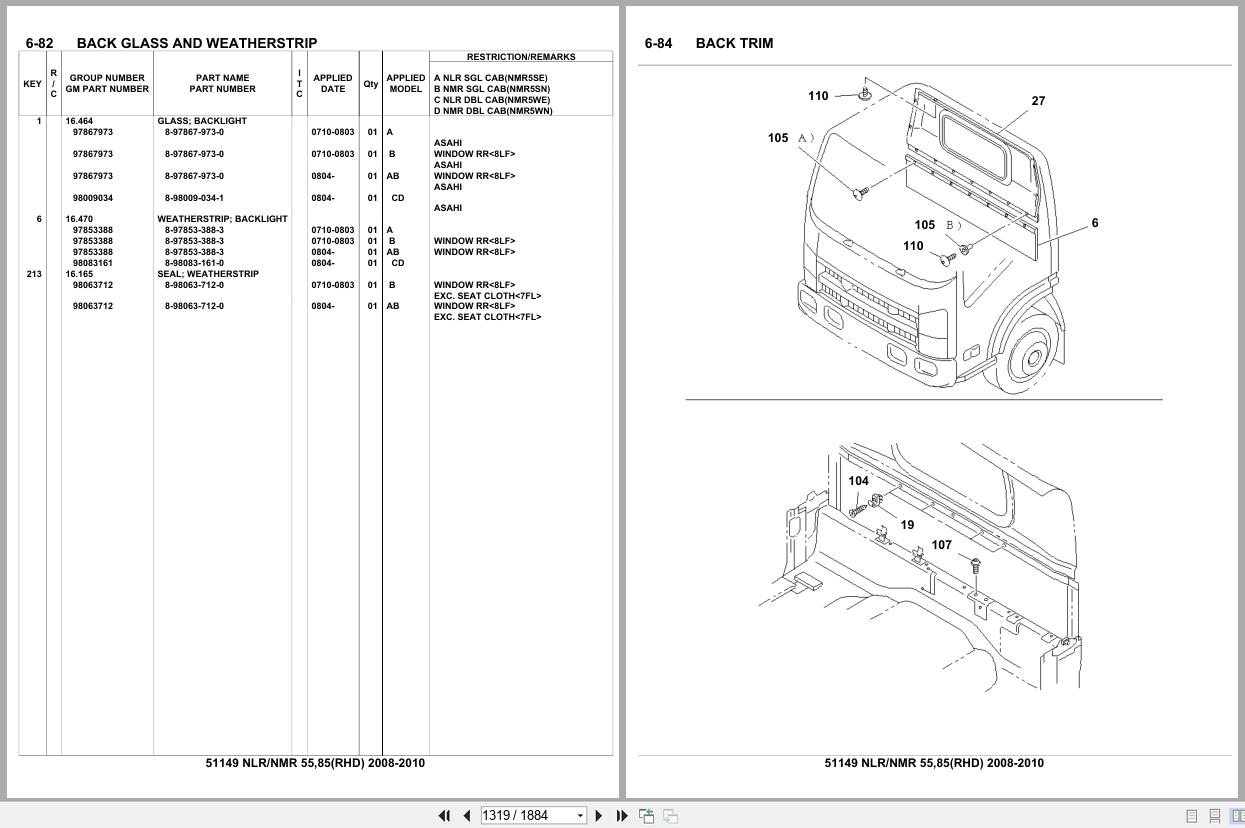 Isuzu Truck NLR55 NLR85 NMR55 NMR85 RHD 2008-2010 Parts Catalog 51149