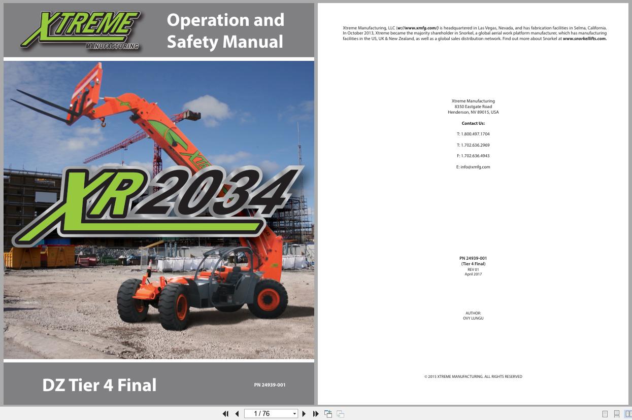 Xtreme Telehandler XR2034 DZ T4F Operations Safety Manual 24939-001 2017